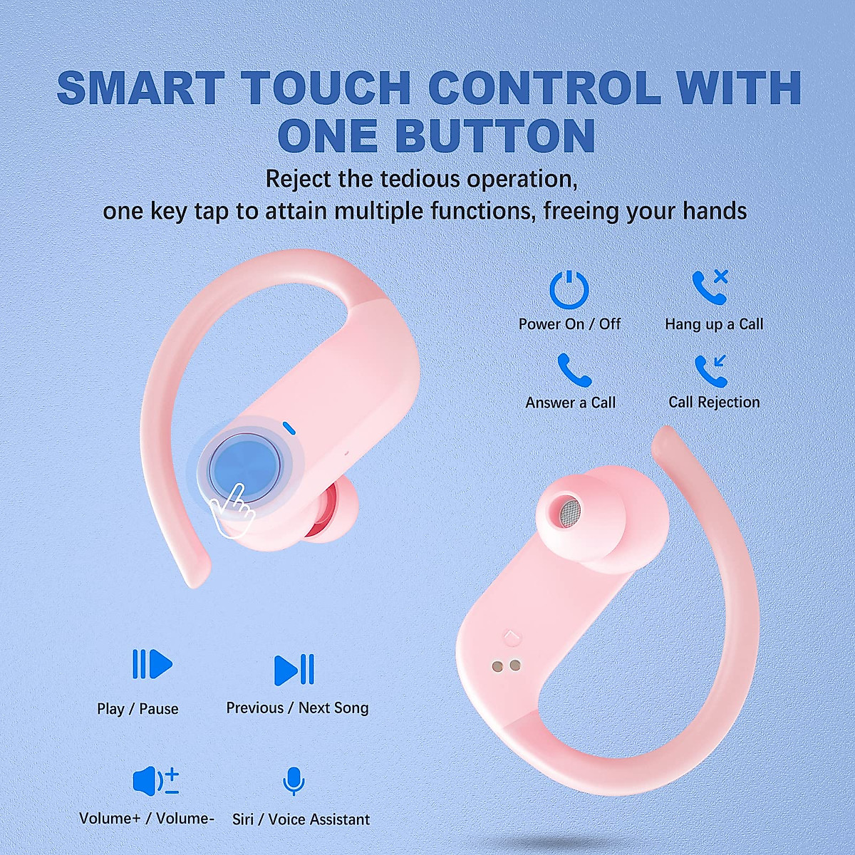 LASUNEY Wireless Earbuds, 35H Playtime Bluetooth Headphones with Mics and Charging Case for iPhone Android, Waterproof Running Headphones for Gym Workout, Hi-Fi Sound Over Ear Buds with Earhooks-Pink