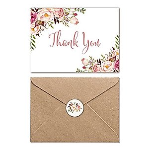 Pink Floral Thank You Cards with Envelopes, 4 x 6 Boho Flower Thank You Notes - Chic Greeting Cards 25 Bulk Pack, Blank Inside, Meet Wedding, Bridal Shower, Girl Baby Shower More Occasion