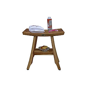 EcoDecors Satori Shower Stool Teak Wood Shower Bench with Curved Seat and Shelf 17″ Wooden Seat Shower Stool in Earthy Teak Finish