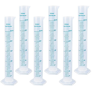 6Pack Plastic Graduated Cylinder 250 ml Transparent Measuring Cylinder Set, Science Measuring Test Tube Flask, Graduated Cylinder Beaker with 2-Sided Marking & Pour Spout for Home and School Science