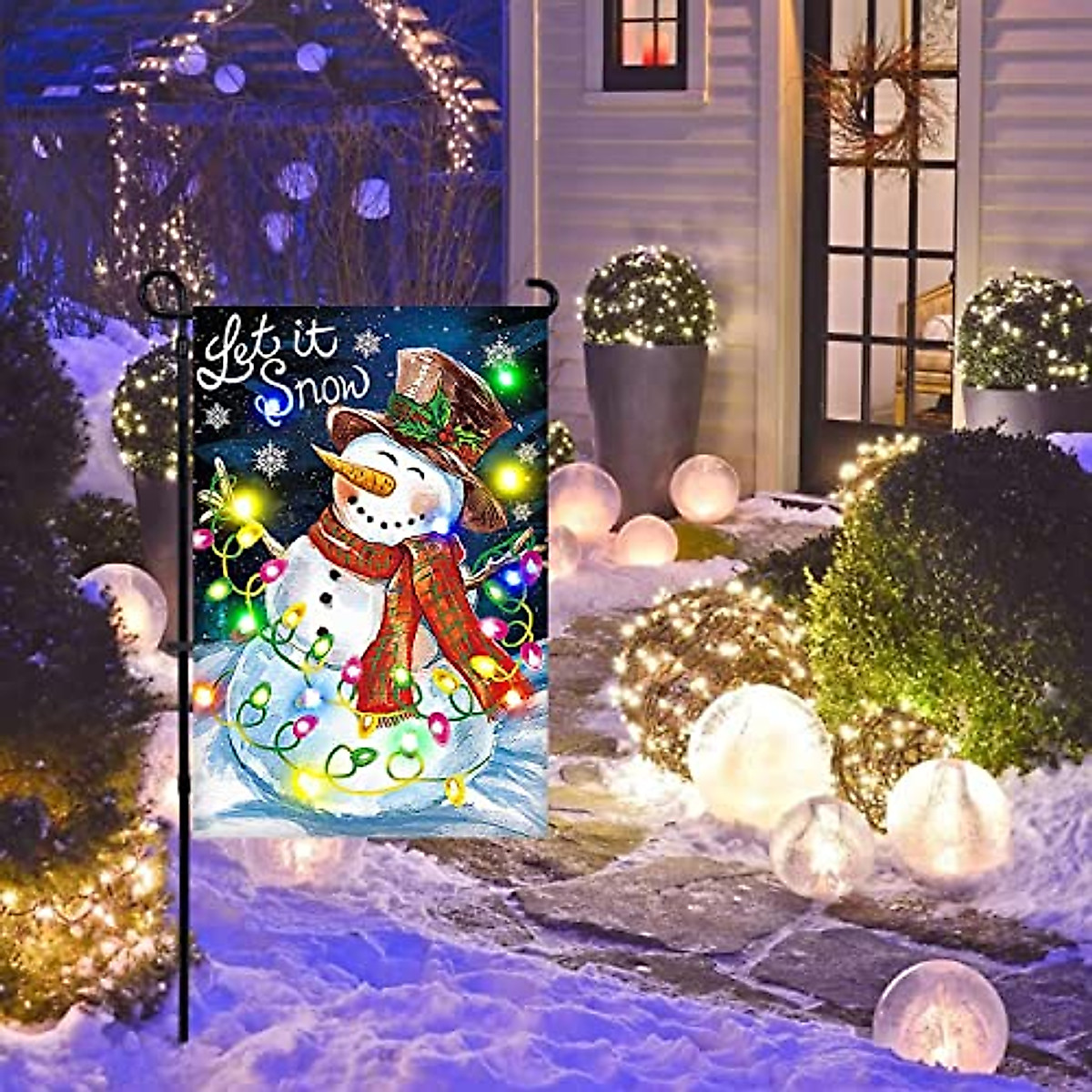 Snowman Merry Christmas Garden Flags with Led String Lights 12x18 Inch Double Sided Small Vertical Yard Flag Christmas Outside Decor for Christmas Winter Holiday Party Garden Patio Lawn Decoration(Snowman)