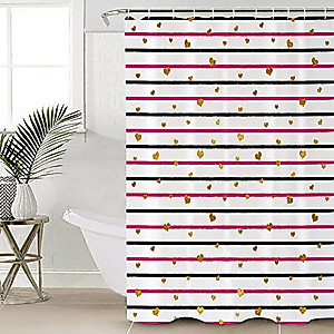 BestLives Valentines Shower Curtain Sets with Rugs Stripe Gold Love Hear Soft Toilet Lid Cover for Bathroom Classic Black Pink Stripe 4 Pcs Bathroom Sets with Bath Mat and 12 Hooks