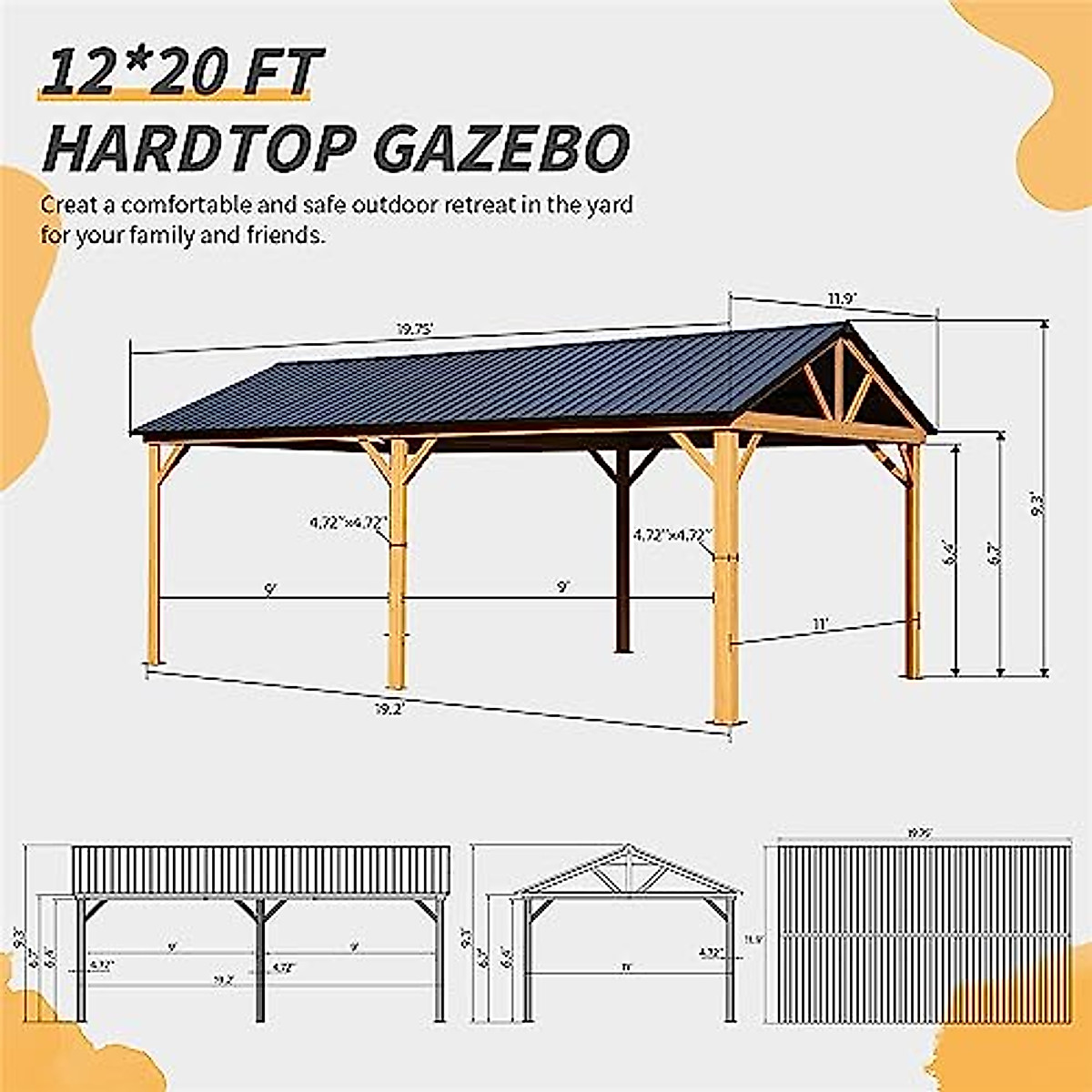 EMKK 12x20ft Hardtop Gazebo, Galvanized Steel Gable Roof Gazebo Pergola with Wood Grain Aluminum Frame, Hardtop Gazebo,Outdoor Permanent Gazebo Pavilion for Patio, Backyard, Deck, Lawns