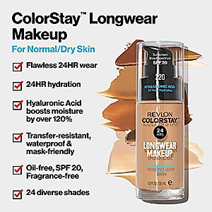 Revlon Liquid Foundation, ColorStay Face Makeup for Normal and Dry Skin, SPF 20, Longwear Medium-Full Coverage with Matte Finish, Oil Free, 220 Natural Beige, 1.0 Oz