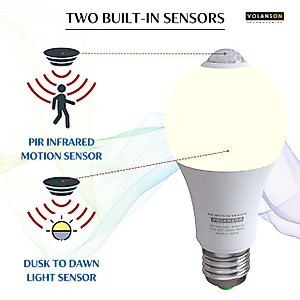 VOLANSON TECHNOLOGIES Motion Sensor Light Bulbs with Dusk to Dawn Sensor Indoor Motion Detector Bulb for Front Door, Porch, Garage, Security Automatic LED Lightbulb 12W Warm White 3000K E27
