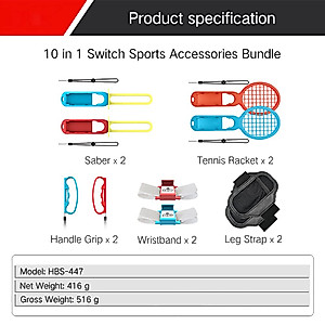 PERFECTSIGHT Switch Sports Accessories Bundle, 10 in 1 Kit for 2022 Nintendo Switch/Switch OLED Sport Games, Joycon Grip for Leg Strap, Hand Strap, Chambara, Bowling Grip and Tennis Badminton Rackets