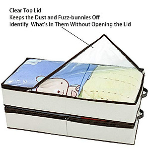 HOONEX Under Bed Storage Containers Zippered Clear Top Lid, Outer Linen Fabric, Reinforced Frame and Sturdy Bottom, 2 Leather Carrying Handles, 2 Pack, Beige