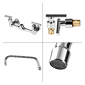 XIUBE Wall Mount Kitchen Sink Faucet with 14 inch Swivel Spout 8 Inch Center Commercial Sink Faucet for Compartment prep and Backsplash Mount Restaurant Sink 2-Handles Faucet Chrome Finish
