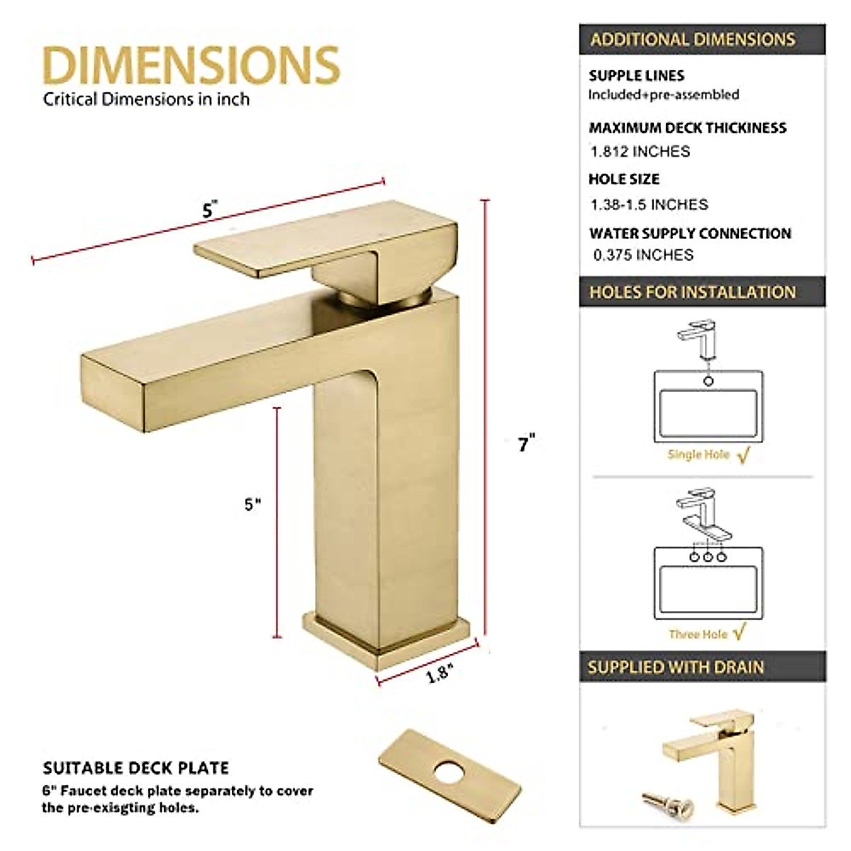 Brushed Gold Bathroom Faucet Single Hole, Modern Brass Bathroom Sink Faucet, Orlando Single Handle Vanity Faucet with Pop-up Drain Assembly and Supply Line, Brushed Gold