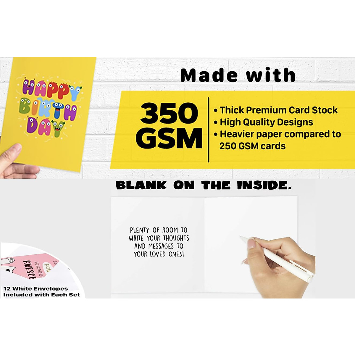 12 Large Kids Happy Birthday Cards 5 x 7 Inch – 12 Premium Children Birthday Cards For Him & Her with Illustrated Dogs, Cats, Space Rockets, Planets, and Cute Furry Characters Printed on Thick 350 GSM