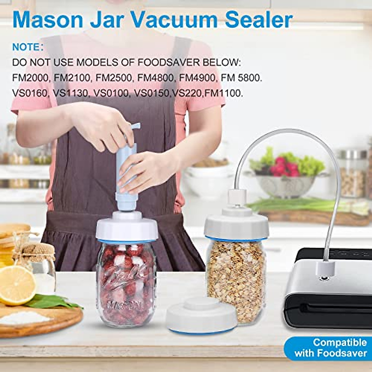 Jar Sealer Vacuum Sealer, 19 PCs Jar Sealer Kit for Food Saver with Accessory Hose for Wide and Regular Mouth Mason Jars, Canning Sealer with Jar Attachment 2 Hose Manual Vacuum Pump, Lables & Marker