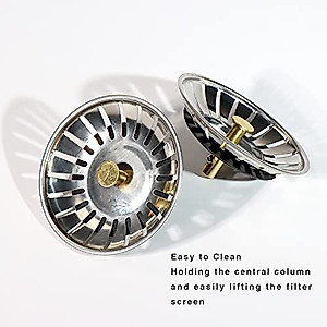 2 Pcs Kitchen Sink Strainer, Stopper Combo Basket Replacement for Standard 3-1/2 inch Drain, Stainless Steel Body with Plastic Knob, Rubber Stopper Bottom