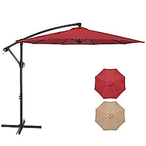 Simple Deluxe 10ft Offset Umbrella Cantilever Patio Hanging Umbrella Outdoor Market Umbrella with Crank & Cross Base Suitable for Garden, Lawn, backyard and Deck, Red