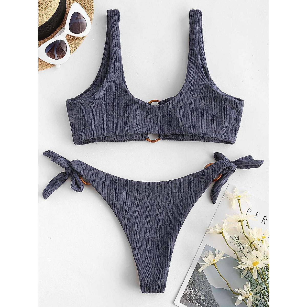 ZAFUL Women's Ribbed Solid O-Ring String Bikini Tie Side Swimsuit Two Pieces Bathing Suit Small