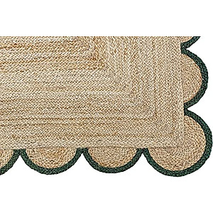 THE PIKKU INTERNATIONAL - Handmade Jute Rug Beige with Scallop Green Border Rectangle Hand Woven Farmhouse Jute Area Rug (7 x 11 ft)