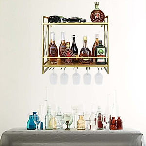 FLRH Metal Multipurpose Shelf Hung Bracket 24.2in, Gold Wine Racks Wall Mounted with Glass Holder, 2-Tiers Wall Mount Bottle Holder Glass Rack