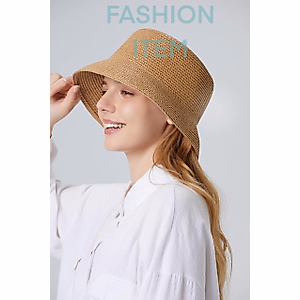 Lightbird Women's Straw Bucket Hat Beach Hat Foldable Summer Travel Sun Caps Outdoor Fisherman Hat Brown