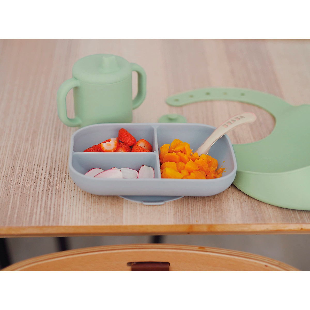 BEABA The Essentials Silicone Meal Set of 4, 100% Silicone Baby Plate Set - Dishwasher Safe, Soft, Unbreakable - Includes Siicone Plate, Sippy Cup, Bib and Spoon, Grey/Sage