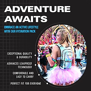SOJOURNER Rave Hydration Pack Backpack - 2L Water Bladder Included for Festivals, Raves, Hiking, Biking, Climbing, Running and More (Multiple Styles) (Holographic - Silver)