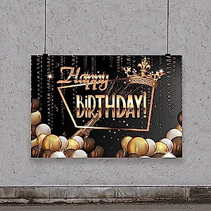 KUKUSOUL 5x3ft Black and Gold Backdrop Black Gold blloons Ribbon Happy Birthday Background for Girls Women Birthday Party Decorations Cake Table Banner Photo Booth Studio Props KUBYC397