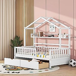 Twin Size House Bed with 2 Drawers and Shelf, Wood House Bed Frame with Roof Design and Safety Guardrail, Montessori Bed for Girls Boys Bedroom, Can be Decorated (White + Wood-A39)
