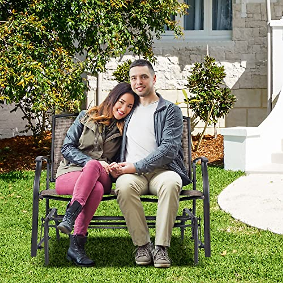 Giantex Patio Glider Benches for Outside, Swing Glider Chair with Steel Frame, 400 LBS Capacity, Patio Swing Rocker, 2-Person Loveseat for Backyard, Poolside, Lawn, Balcony, Porch Glider Bench(Brown)