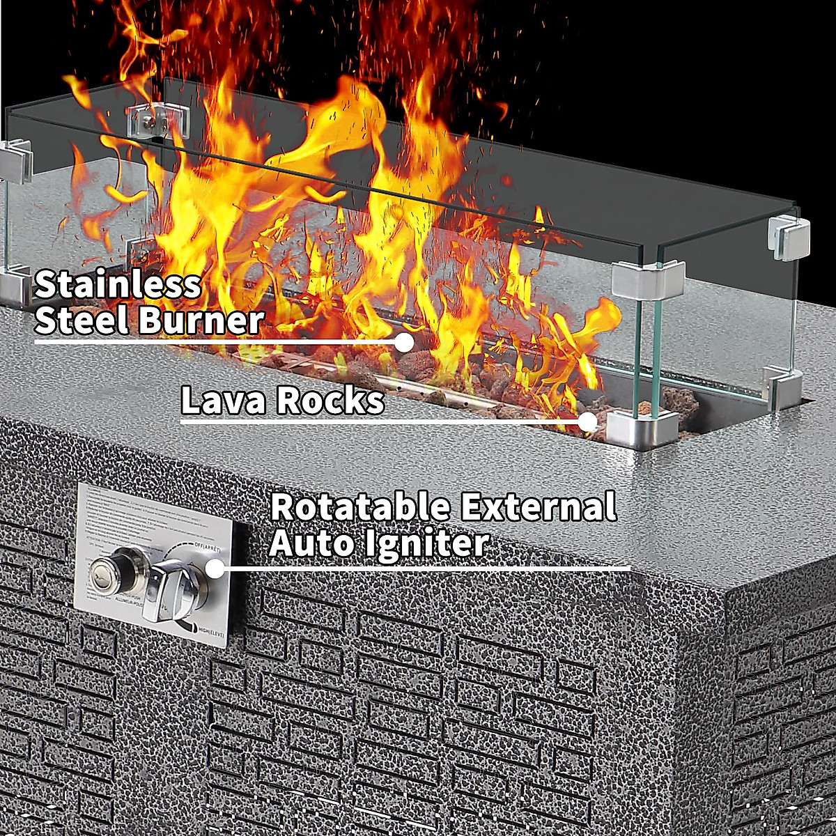 Essential Lounger 42 Inch Fire Pit Table, 50,000 BTU Rectangle Propane Gas Fire Pit, Outdoor Fire Pit Dining Table with Lid,Glass Wind Guard,Waterproof Cover,Lava Rocks - Steel