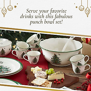 Spode Christmas Tree 10 Piece Punch Bowl Set- Made of Fine Porcelain Includes - 1 Punch Bowl - 1 Ladle - 8 Punch Cups - Punch Bowl is 11 Inch - Punch Cups are 8 oz.
