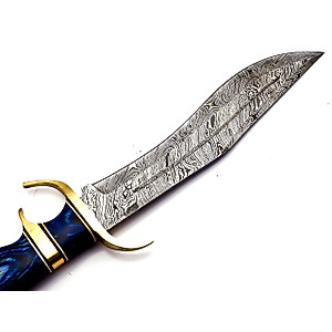 Skokie Knives Damascus Steel Kukari Knife With Blue Pakka Wood h & Brass Guard –15” Handmade Premium Quality Sharp Edge Fix Blade -Genuine Multipurpose Knife Ideal for Hunting, Camping (Kukri Blue)