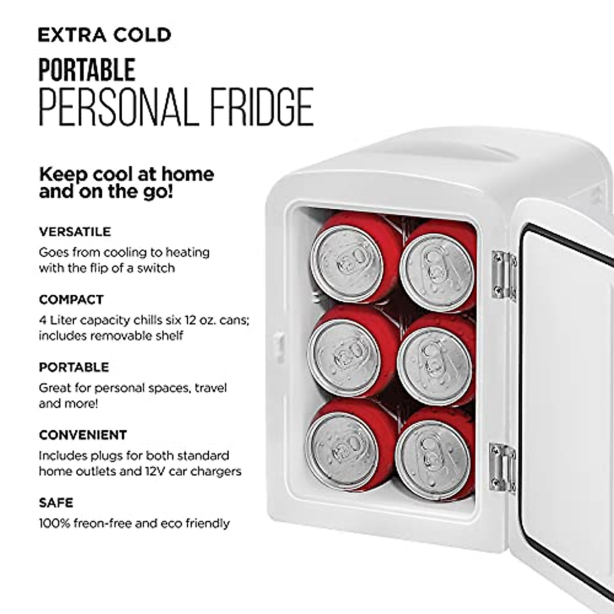 Chefman Mini Portable Personal Fridge Extra-Cold Or Warm, Compact Storage for Skin Care, Formula, Or Snacks, Fits 6 12-oz Cans, Lightweight 4-Liter Capacity, White