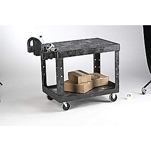 Rubbermaid Commercial Products 2-Shelf Utility/Service Cart, Medium, Flat Shelves, Ergonomic Handle, 500 lbs. Capacity, for Warehouse/Garage/Cleaning/Manufacturing (FG452500BLA)