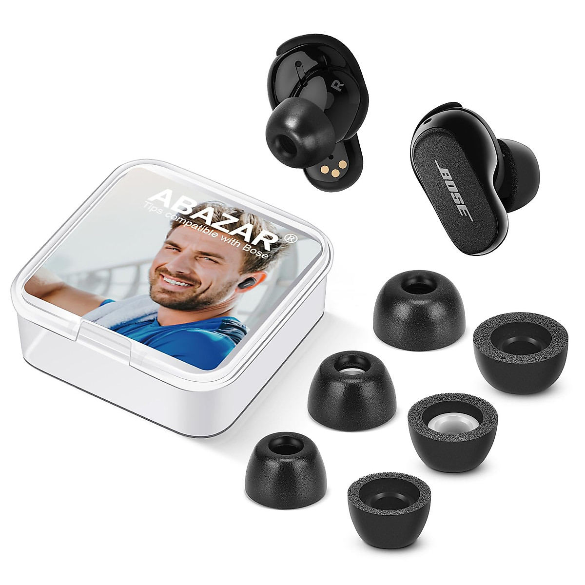 ABAZAR Memory Foam Tips for Bose QuietComfort Earbuds II & Ultra Earbuds, No Silicone Eartips Pain, Anti-Slip Replacement Ear Tips, Fit in The Charging Case, 3 Pairs (Mixed Sizes S/M/L, Black)
