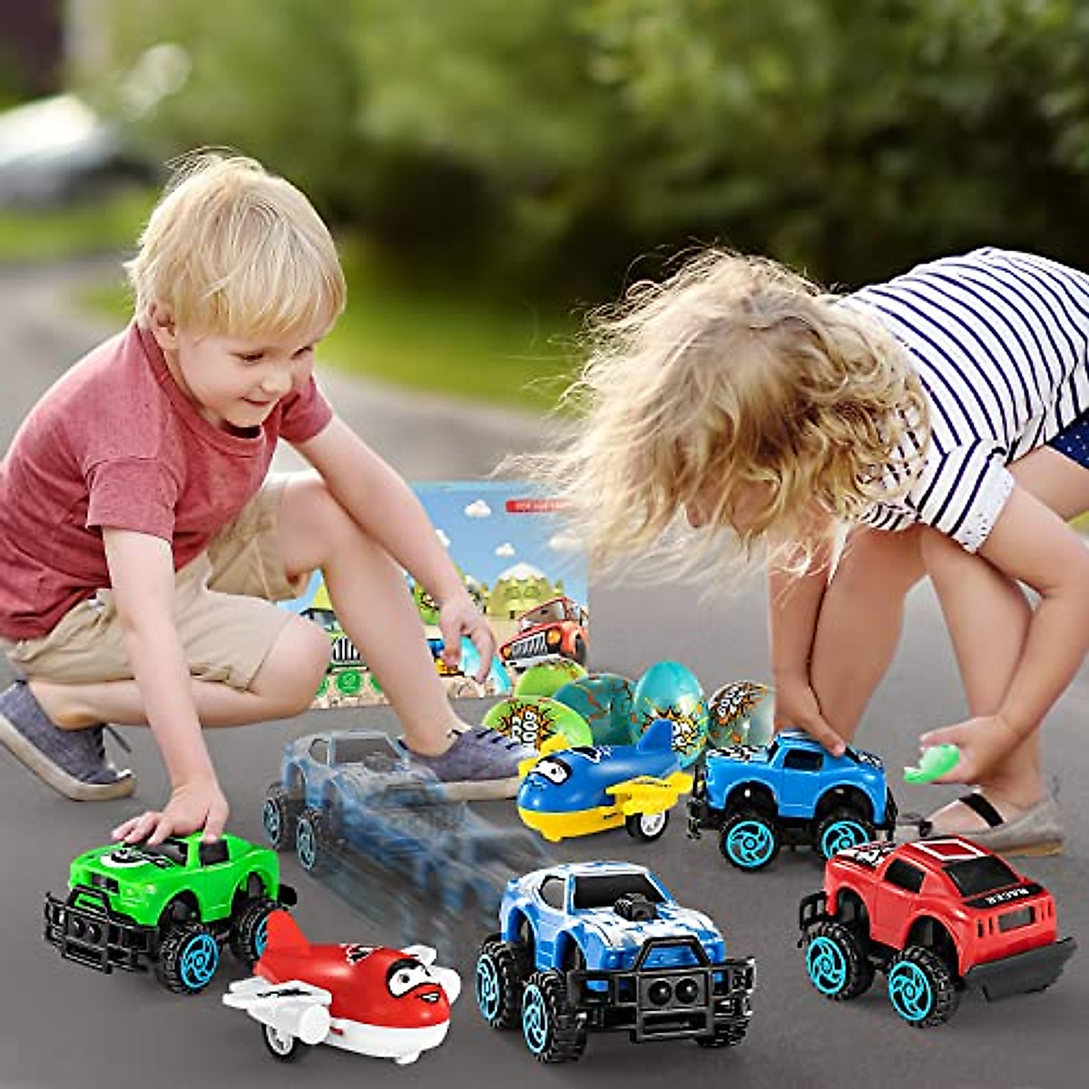 Toddler Chicken Easter Eggs Toys,Cars Advent Calendar for Kids, Animal Stocking Stuffer Toy Cars with Animals Vehicles Set , Play Race Cars and Trucks Perfect for Toddler, Boys and Girls (Cartoon airplane car)