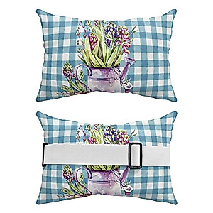Recliner Head Pillow Ledge Loungers Chair Pillows with Insert Spring Summer Flower Watercolor Blue Buffalo Plaid Lumbar Pillow with Adjustable Strap Patio Garden Cushion for Sofa Bench Couch, 2 PCS