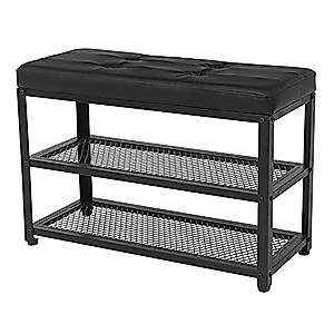 NA with Soft Cushion Stool Three-Layer Shoes Stool Frame 3-Layer Shoe Rack for Entrance PU Leather Metal Frame Suitable for Living Room Corridor 70 × 30 × 45cm Black