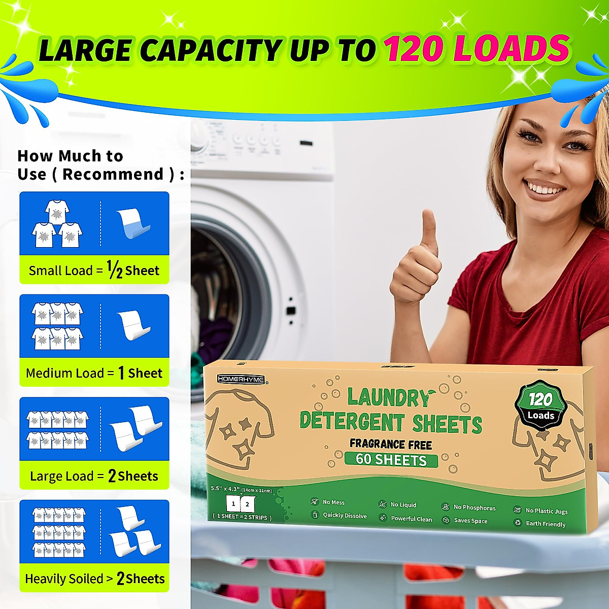 HOMERHYME Laundry Detergent Sheets - Up to 120 Loads (60 Sheets),Unscented,Plastic Free,Laundry Detergent Strips for Travel,Dorms, Home,Apartments,Liquidless Technology,Eco Friendly& Hypoallergenic