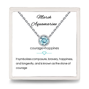 Presentski March Birthstone Necklace White Gold for Mom Women Sterling Silver CZ Blue Pendant Necklaces