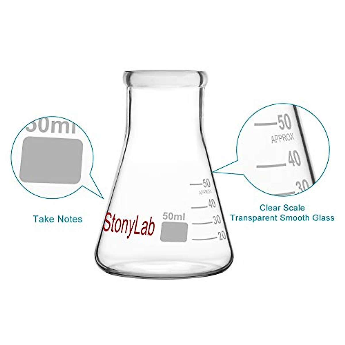 stonylab 1-Pack Glass 50 ml Heavy Wall Narrow Mouth Erlenmeyer Flasks with Heavy Duty Rim - (50ml Fits with StonyLab 4# Rubber Stopper)