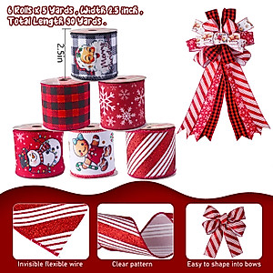 RINOLY Christmas Ribbon Wired 2.5 Inch,6 Roll 30 Yards Christmas Ribbon with Wire-Snowflake/Snowman/Gingerbread Man/Santa/Glitter Stripe/Buffalo Plaid Christmas Ribbon for Wreaths Bow Tree DIY Crafts