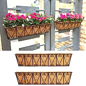 LaLaGreen Wall Hanging Planters - 2 Pack, 30 Inch Deck Railing Hanging Pot, Over the Rail Flower Boxes Black Window Plant Basket Attach to House Outdoor with Coco Liner Metal Fence Balcony Patio Porch