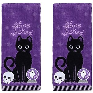 Celebrate Halloween Together 2-Pack Kitchen Bath Towels Black Cat Face