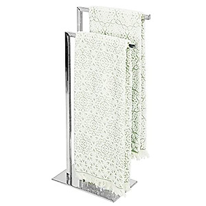 mDesign Tall Modern Stainless Steel Towel Rack Holder - 2 Tier Organizer for Bathroom Storage and Organization Next to Tub or Shower, Holds Bath & Hand Towels, Washcloths - Chrome
