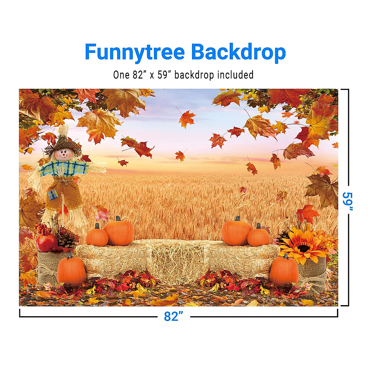 Funnytree 7X5FT Fall Backdrop Autumn Pumpkin Harvest Thanksgiving Hay Maple Leaves Background Baby Shower Birthday Party Decor Portrait Studio Photobooth Photography Props Gift Supplies Yellow