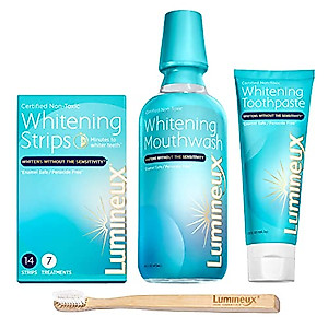 Lumineux Teeth Whitening Kit - Includes 7 Whitening Treatments, 1 Mouthwash, 1 Toothpaste & 1 Toothbrush - Natural & Enamel Safe for Sensitive Teeth - Fluoride Free, SLS Free & Dentist Formulated