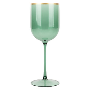 PLASTICPRO Green Wine Cup with Gold rim Plastic Wine Glasses Set of 10 Elegant Wine Goblets Hard Plastic Wine Cups on Stem 12 Ounce Christmas Cups