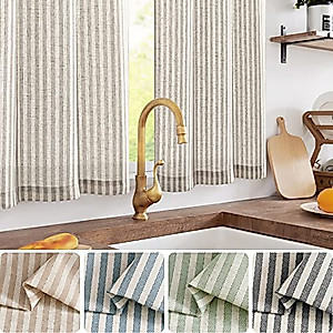 COLLACT Kitchen Curtains Linen Curtains 24 Inch Length Sets Pinstripe Pattern Grey Tiers for Kitchen Bathroom Farmhouse Country Rustic Rod Pocket Ticking Striped Curtains 2 Panels Gray on Beige