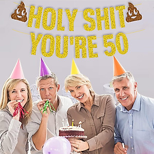 Gold Glitter Holy Shit You're 50 Birthday Banner Party Decoration,Happy 50th Birthday/Cheers to 50 Years, Funny 50th Birthday Party Decorations Supplies (Gold 50th)
