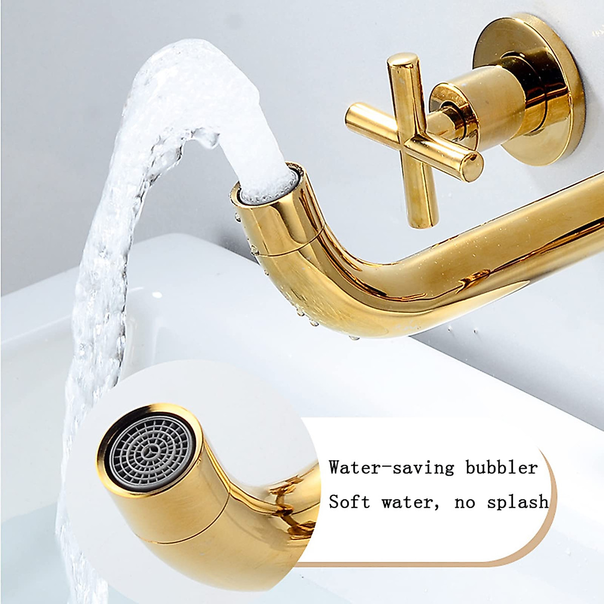 Wall Mount Bathroom Faucet,Double Handle Wall Mount Brass Basin Mixer,360 Degree Rotating Nozzle,1/2 Standard Thread,Bathroom Faucet,Gold (Color : Gold)