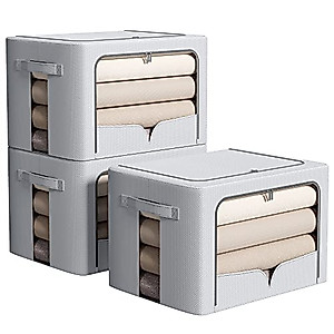 3 Pack Clothes Storage Organizer Bins - Foldable Metal Frame Storage Bins Stackable Oxford Cloth Fabric Container Organizer Set with Carrying Handles and Clear Window (Large-66L, Gray)