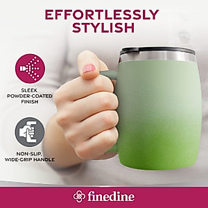 FineDine Double-Wall Stainless Steel, Drinking Cup, Coffee Mugs with Spill-Resistant Lids, Comfortable Handle for Hot & Cold Drinks, Shatterproof Coffee Cups, 14 Ounces